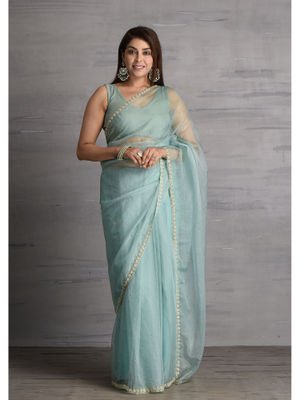Buy Sutra Attire Womens Powder Blue Pearl Embellished Tissue Saree with ...