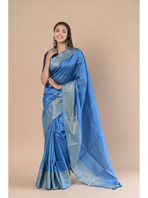 Buy Very Much Indian Moonga Tussar Silk Blue Saree with Border with Unstitched Online