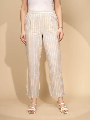 Buy Global Republic Women Beige Linen Ankle Length Lower Pant Online