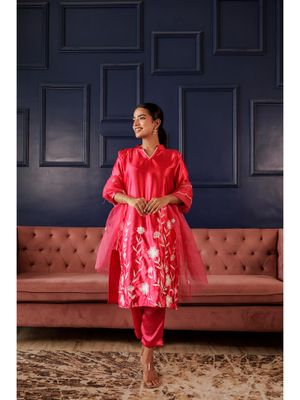 Buy SUTRA CLOTHING Hot Pink Satin Floral Embroidered Kurta with Pant ...