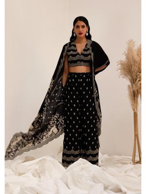 Buy SURKH SYAHI Black Gulshan - Cape with Palazzo and Crop Top (XS) Online