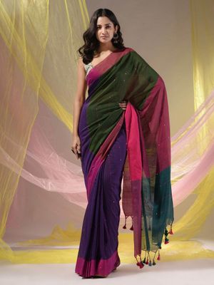 Buy CHARUKRITI Purple & Multi-Color Cotton Colorblock Handloom Soft ...