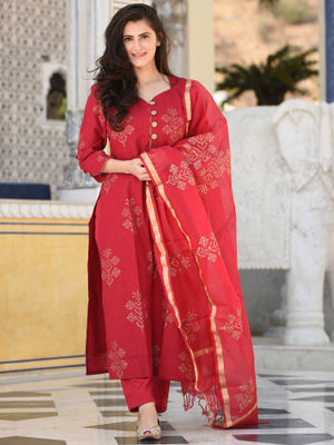 Bunaai Salwar Suits and Sets : Buy Bunaai Sheer Red Straight Kurta With ...