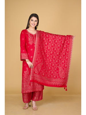 Buy Safaa Women Acro Wool Woven Unstitched Suit and Dupatta Color Red ...