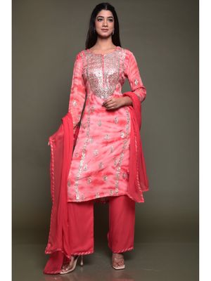 Buy Zari Jaipur Suit Stitched with Georgette Fabric Peach (Set of 3) Online