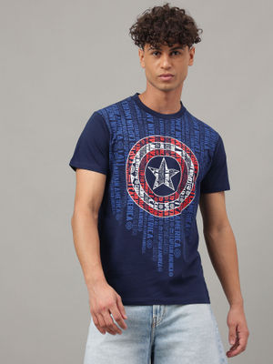 Buy Free Authority Captain America Printed Navy Blue T-Shirt Online