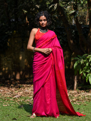 Buy Suta Pink Solid Cotton Blend Saree Online