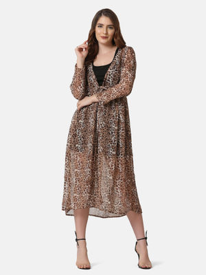 Buy Buynewtrend Brown Georgette Leopard Print Long Women Shrug Online