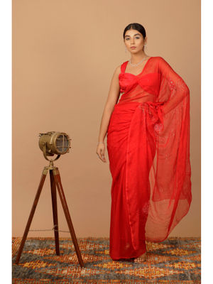 Buy Geroo Jaipur Red Hand Embroidered Mukaish Chiffon Saree Online