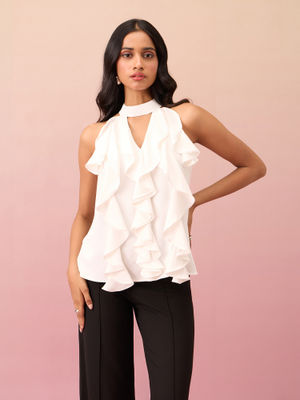 Buy RSVP by Nykaa Fashion White Solid Sleeveless High Neck Ruffle Top ...