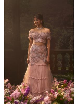Buy Muskan Aggarwal Nova Corset Pink Stitched Blouse with Lehenga and ...