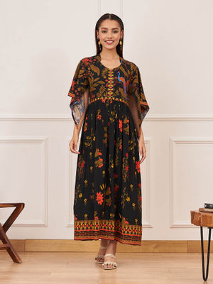 Buy Rustorange Black Gathered Dress With Flutter Sleeves Online