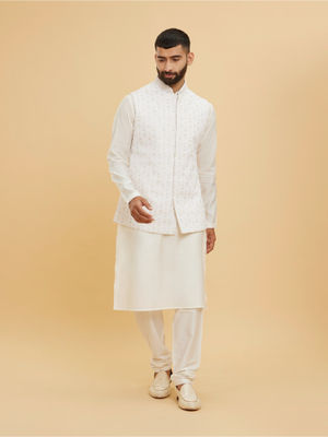 Buy Twamev Warm White Buta Design Kurta With Jacket & Churidar With ...