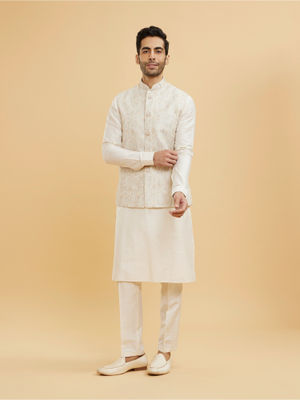 Buy Twamev Ivory Cream Ogee Design Kurta With Jacket & Pant For Men (S ...