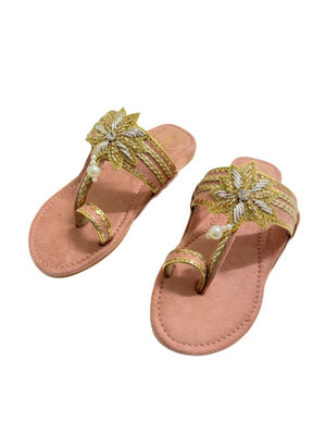 Buy PREET KAUR Hand-Embroidered Lotus Kolhapuri Peach (EURO 26) Online