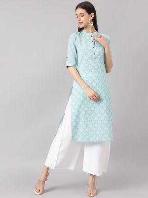 Buy Divena Sea Green Cotton Katha Work Straight Kurta Online