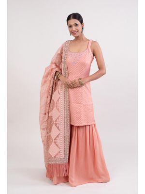 Buy Monika Mathuria Datta Peach Embroidered Kurta with Palazzo and ...