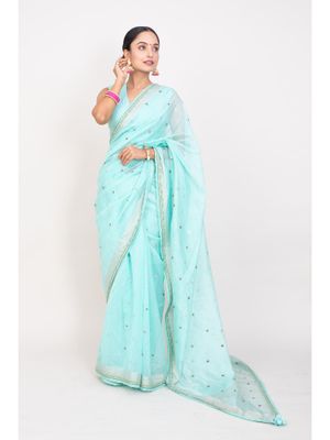 Buy Monika Mathuria Datta Light Turquoise Embroidered Saree with ...