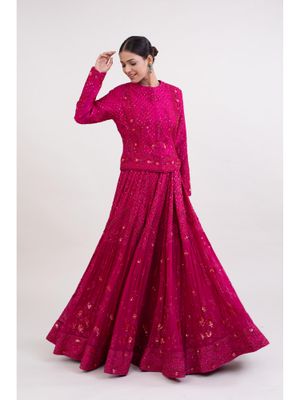 Buy Monika Mathuria Datta Magenta Pink Embroidered Top with Skirt (Set ...