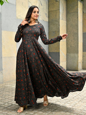 Buy Vinya Black Rayon Bandini Print Fit and Flare Dress Online