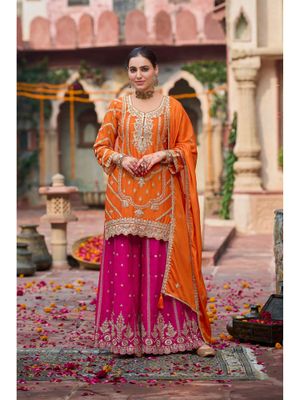 Buy Autumnlane Orange Kanupriya Kesari Kurta with Palazzo and Dupatta ...