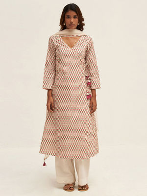 Buy Ganga Fashions White Floral Printed Cotton Angarkha Kurta with Pant ...