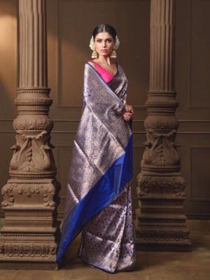 Buy VISHWA Royal Blue Banarasi Silk Rich Jaal Weave Saree Unstitched ...