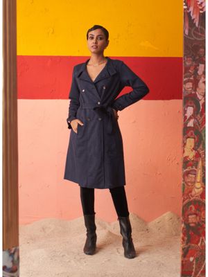 Buy Lakshita Blue Long Overcoat For Women with Notched Collar and Belt ...