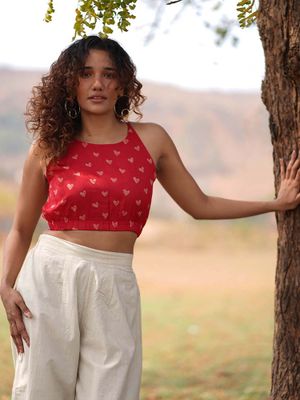 Buy Chidiyaa Red Dil Toh Bacha Hand Block Printed Cotton Blouse (S) Online