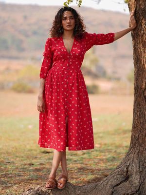 Buy Chidiyaa Red Dil Se Re Hand Block Printed Cotton Dress (S) Online