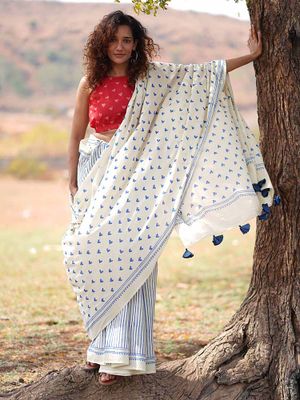 Buy Chidiyaa White Phiri Le Aya Dil Printed Cotton Saree Without Blouse ...