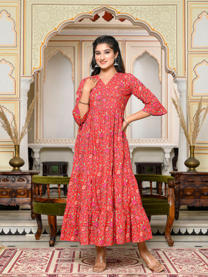 Buy GULAB CHAND TRENDS Red Long Printed Tired Dress with Gather Online