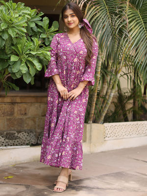 Buy GULAB CHAND TRENDS Purple Long Printed Tired Dress with Gather Online