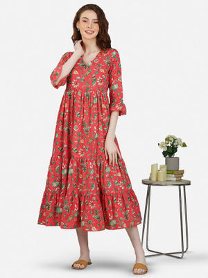 Buy GULAB CHAND TRENDS Red Hand Block Printed V-Neck Long Printed Tired ...