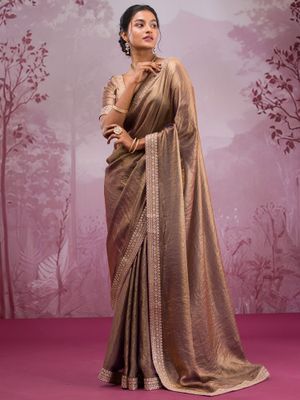 Buy Koskii Copper Thread Work Tissue Saree with Unstitched Online