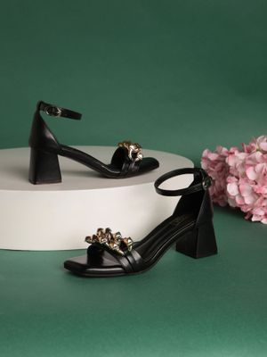 Buy Truffle Collection Black Embellished Heel Sandals Online