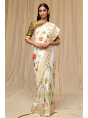 Masaba Printed Saree : Buy Masaba Ivory with Orange Popsicle Jacquard ...