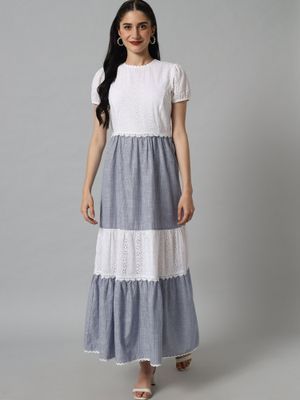 The Vanca Maxi Dresses : Buy The Vanca White & Blue Cotton Tiered Maxi ...