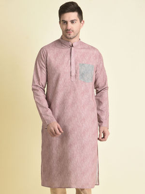 Buy Tabard Ethnicwear Pink Cotton Printed Long Sleeves Mandarin Kurta ...