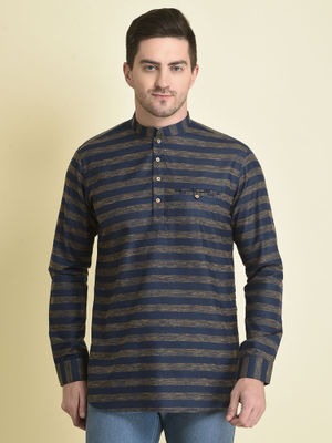 Buy Tabard Ethnicwear Blue Cotton Striped Long Sleeves Mandarin Kurta ...