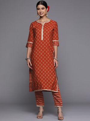 Buy Libas Rust Silk Blend Printed Gota Patti Straight Kurta (S) Online