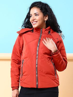 Buy Freehand Women Polyester Rust Solid Hooded Jacket (S) Online