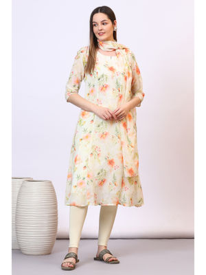 Buy Aurelia Yellow Digital Floral Printed A-Line Kurta & Churidar with ...