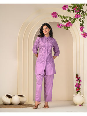 Buy Zolo Label Purple Love Embroidered Co-Ord (Set of 2) (M) Online