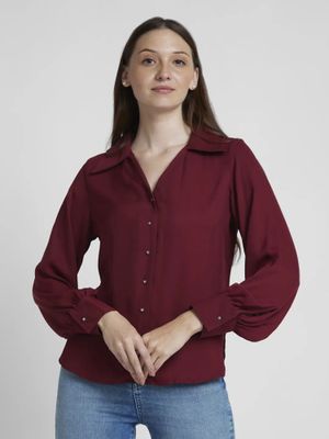 Buy Spykar Women Dark Red Polyester Regular Fit Full Sleeve Plain Shirt ...