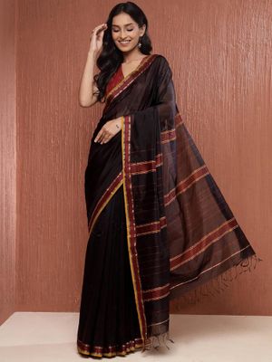 Buy Fabindia Black Cotton Silk Blend Woven Saree without Blouse Online