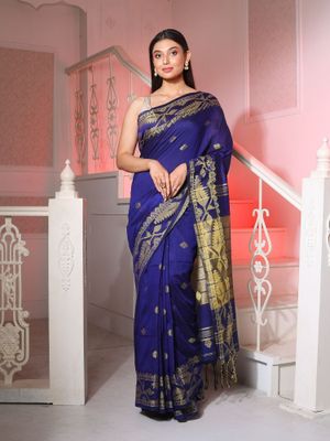 Buy CHARUKRITI Navy Blue Cotton Handspun Saree with Woven Jamdani ...
