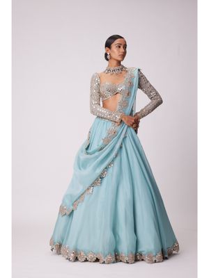 Buy Vvani by Vani Vats Blue Mirror Work Lehenga with Blouse and Dupatta ...