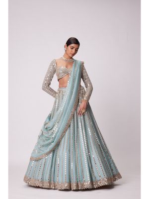 Buy Vvani by Vani Vats Blue Linear Embroidered Lehenga with Blouse and ...