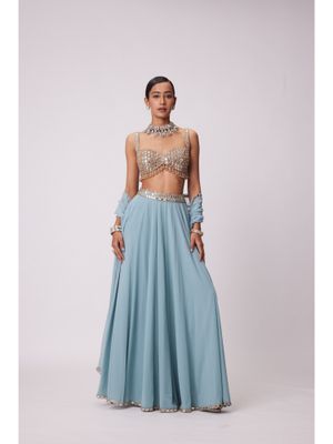 Buy Vvani by Vani Vats Blue Mirror Flared Palazzo with Blouse and ...